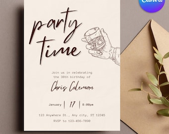 Party Invite - Whiskey Birthday Invitation, Editable Canva Template for ...