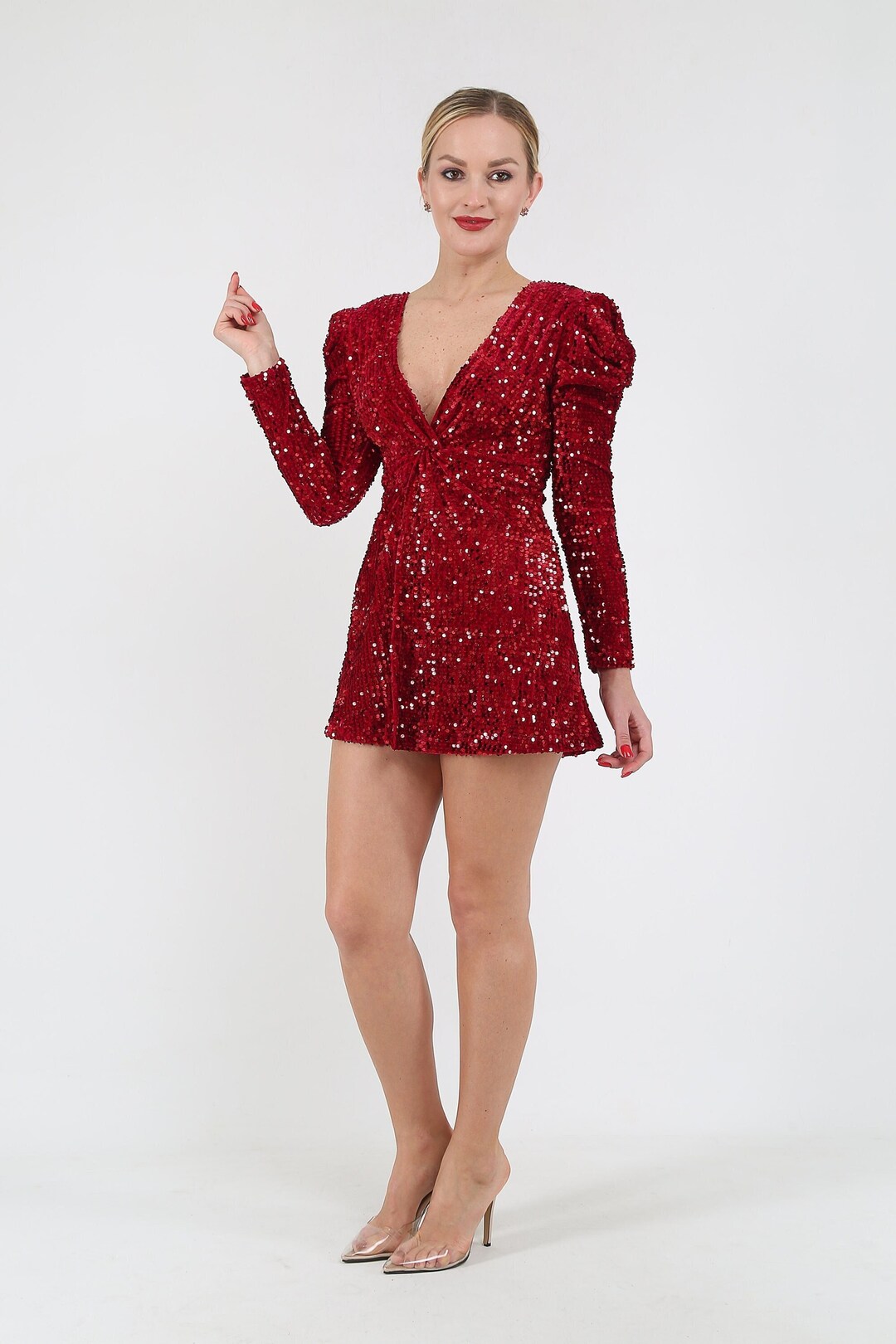 Red Sequined Gown, Christmas Party Dress, Sparkly Wedding Guest Dress ...