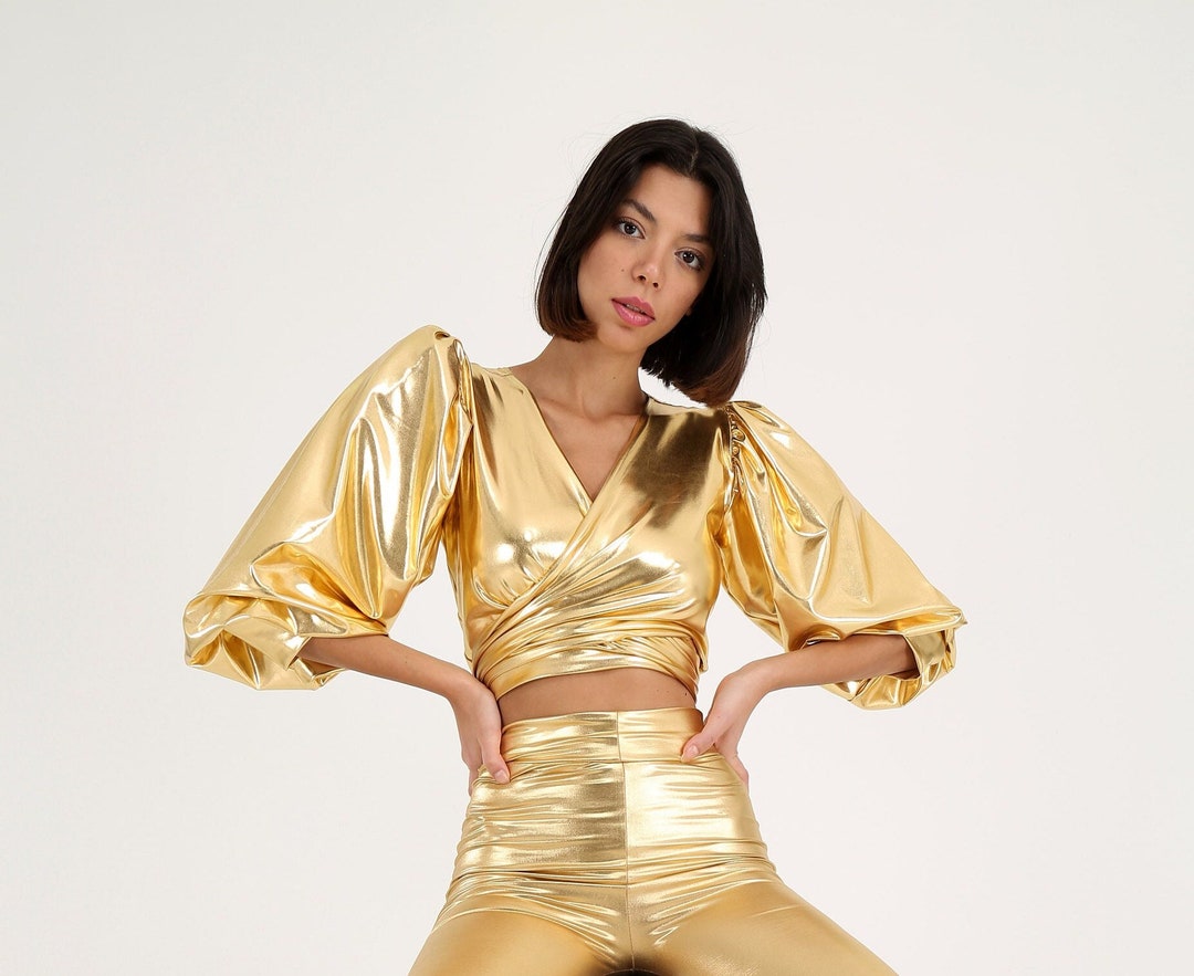 Gold Metallic Top, Rave Outfit, Bell Sleeve Top, Burning Man Clothing ...