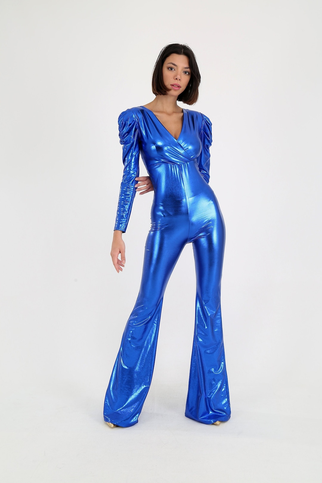 70s Style Disco Outfit, Metallic Blue Party Jumpsuit, Bell Bottoms ...