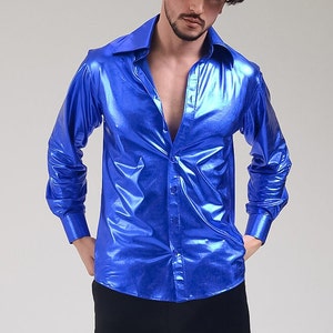 1970s Metallic Man Shirt, Blue Disco Shirt, Studio 54 Man Outfit ...