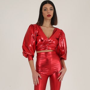Red Metallic Party Costume, Bell Bottoms Pants and Top Set, Dance ...
