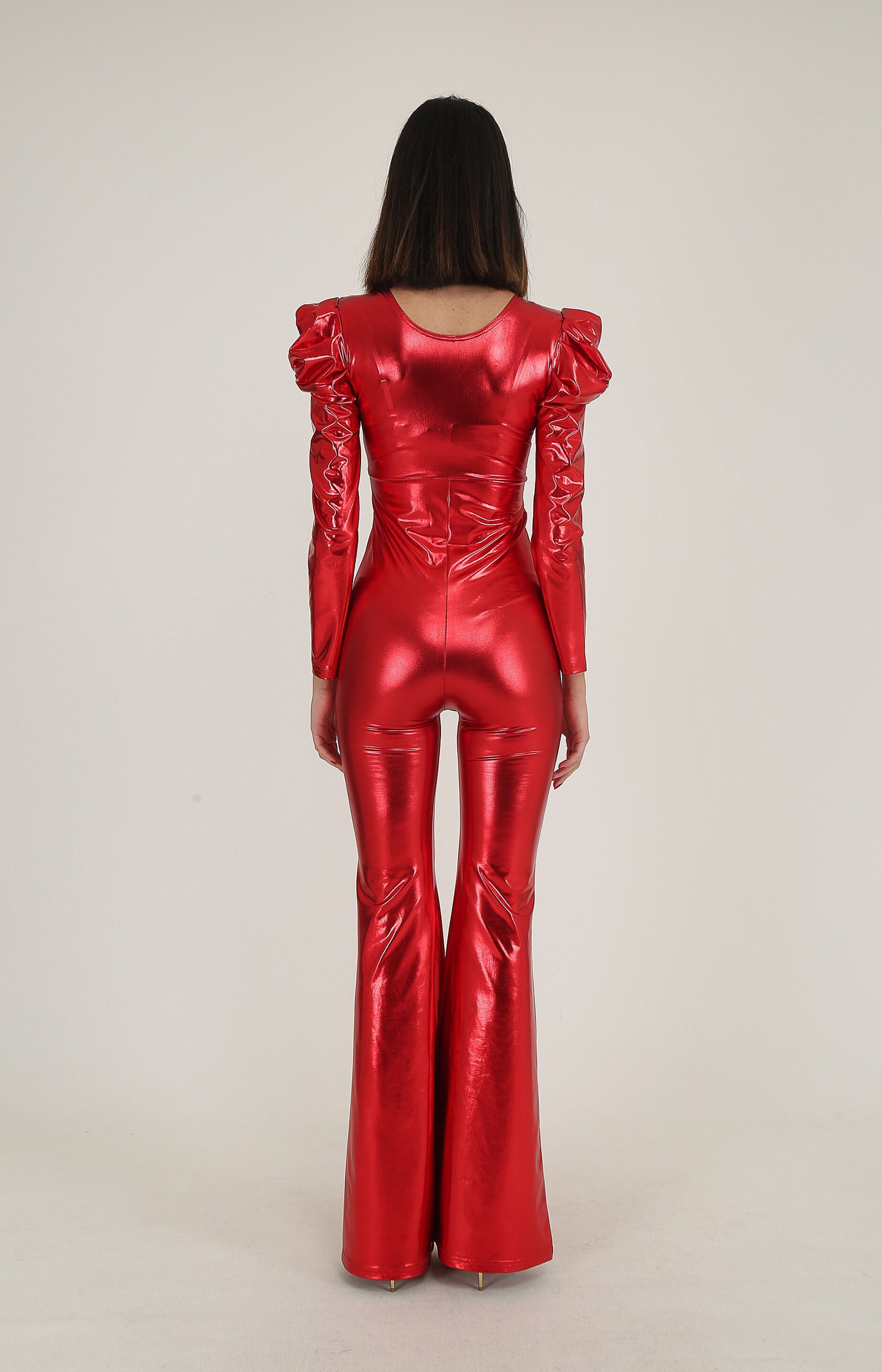 Red Long Sleeve V Neck JUMPSUIT With Flared Legs – 70s Group Halloween ...
