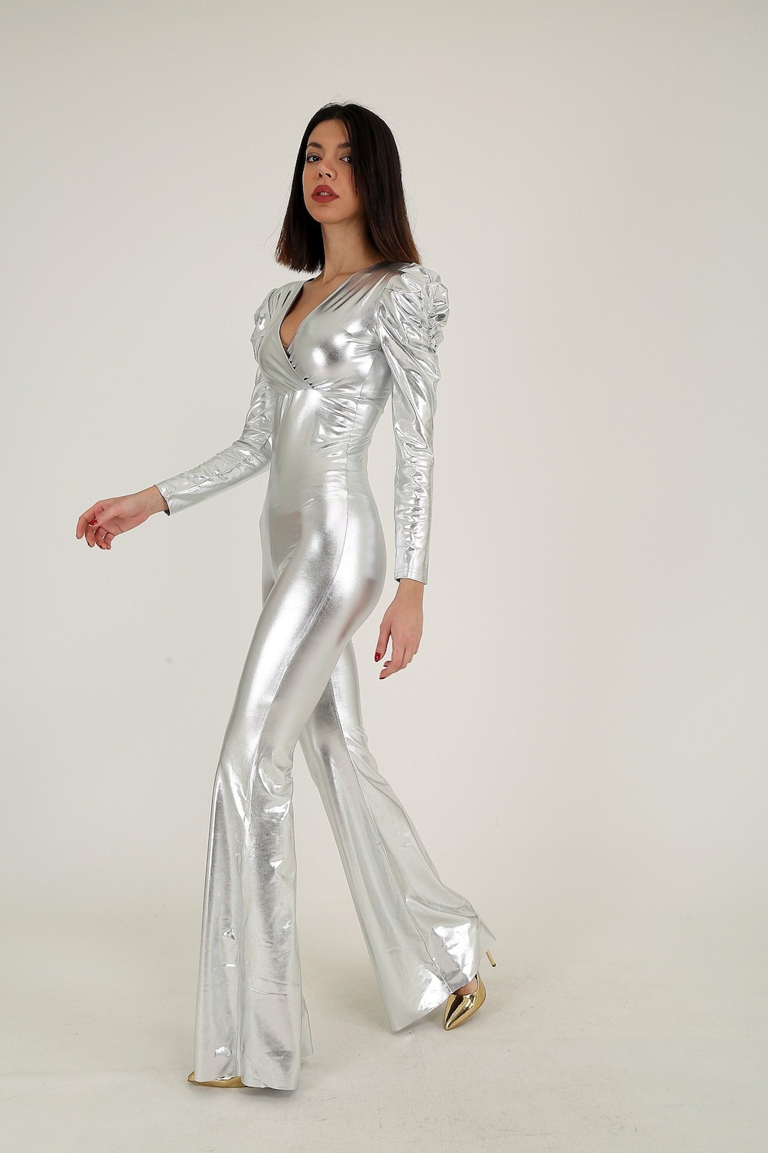 METALLIC SILVER Long Sleeve V Neck JUMPSUIT With Flared Legs – 70s ...