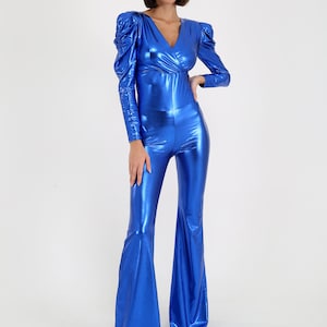 70s Style Disco Outfit, Metallic Blue Party Jumpsuit, Bell Bottoms ...