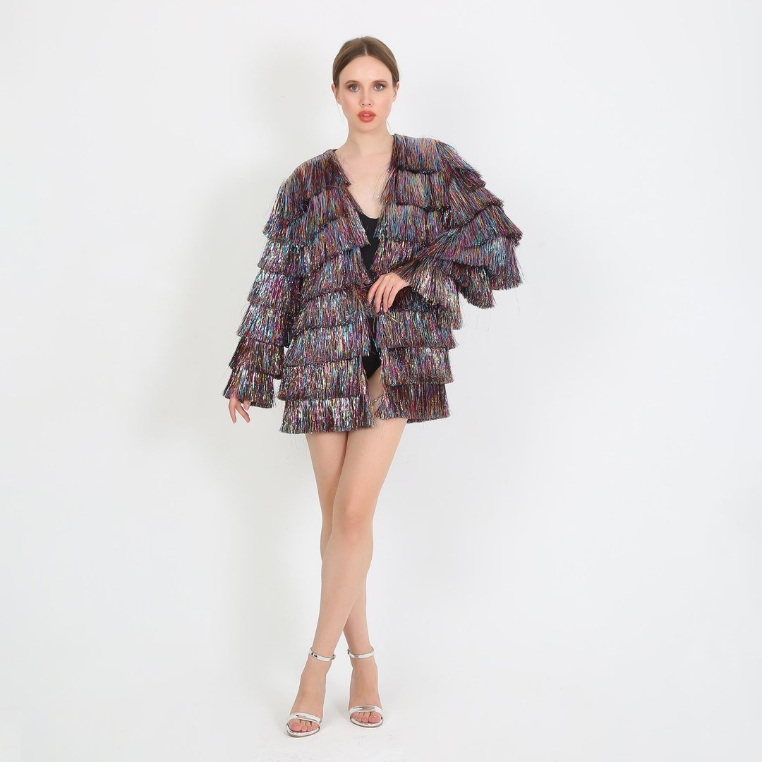 Rainbow Tinsel Fringe Jacket, Funk Outfit, Mardi Gras Costume, Eras ...