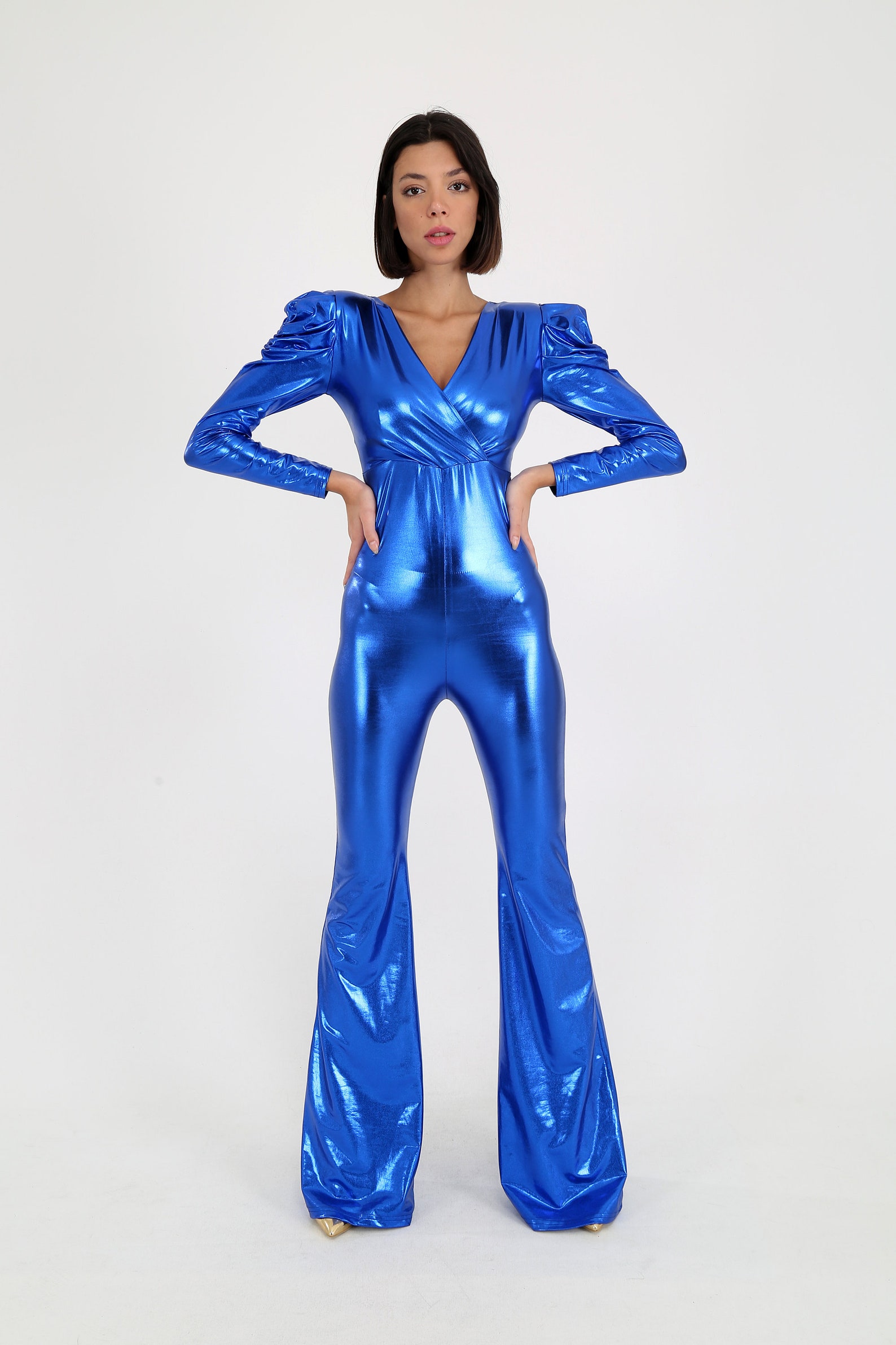 70s Style Disco Outfit Metallic Blue Party Jumpsuit Bell - Etsy