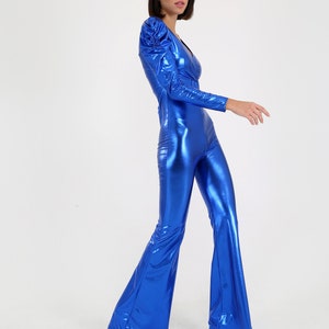 70s Style Disco Outfit, Metallic Blue Party Jumpsuit, Bell Bottoms ...