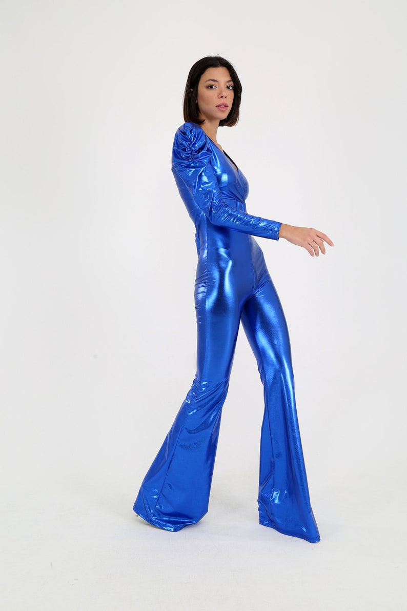 70s Style Disco Outfit Metallic Blue Party Jumpsuit Bell - Etsy