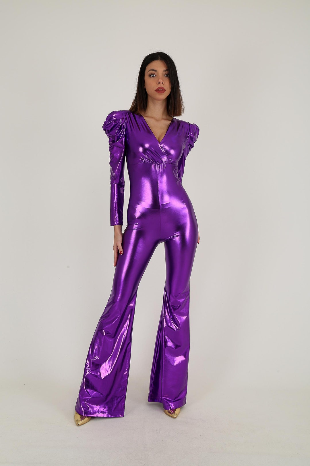 METALLIC Purple Long Sleeve V Neck JUMPSUIT With Flared Legs – 70s ...