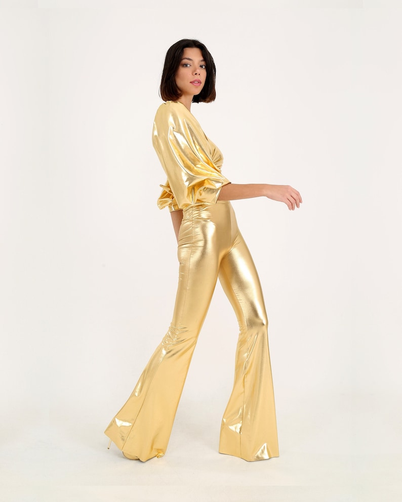 Disco Flare Pants, Gold Metallic Bell Bottoms for Rave, 80s Costume ...