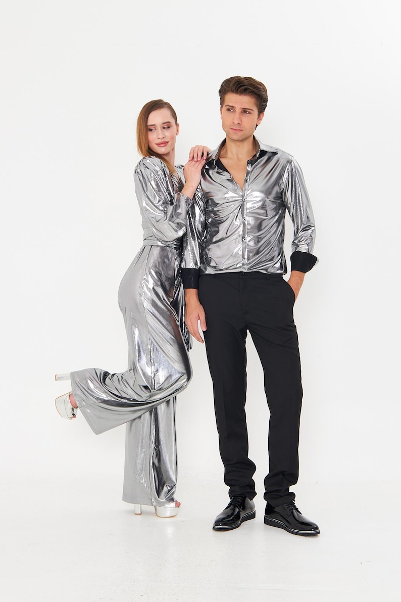 Silver Deep V Wide Leg Jumpsuit, 70s Cher Party Costume, Studio 54 ...