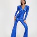 70s Style Disco Outfit, Metallic Blue Party Jumpsuit, Bell Bottoms ...