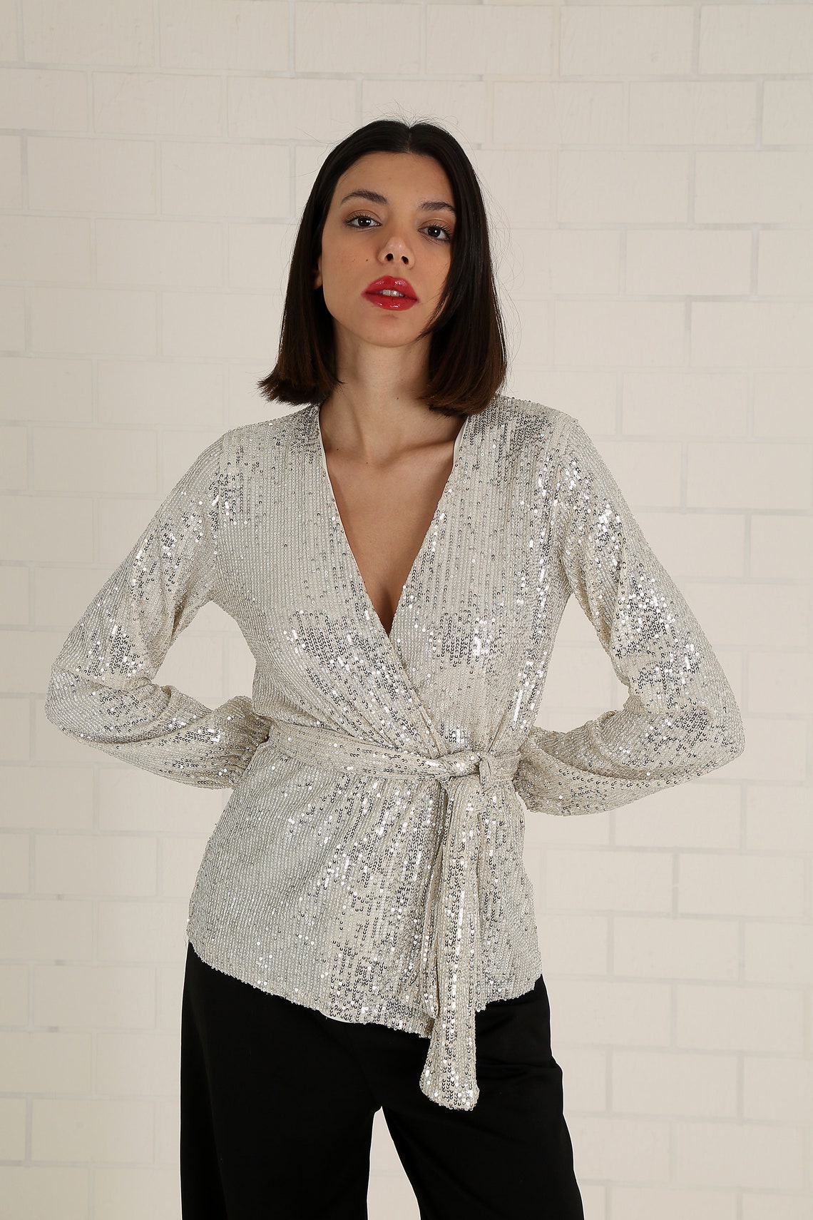 White Sequine Top, Sparkly Wrap Cocktail Top, Plus Size Evening Top ...