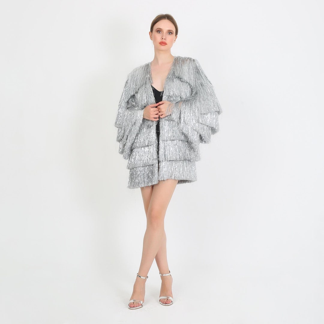 Silver Tinsel Fringe Jacket, Bridal Wedding Jacket, Birthday Cool ...
