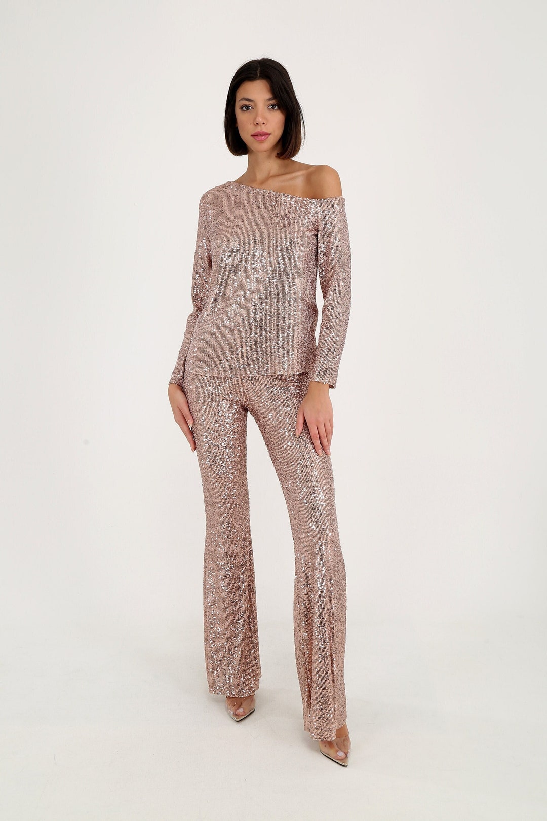 Sequined Pants & Blouse, Stylish Cold Shoulder, Sequined Formal Blouse ...