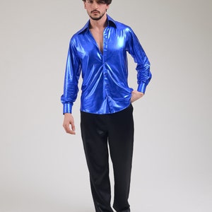 1970s Metallic Man Shirt, Blue Disco Shirt, Studio 54 Man Outfit ...