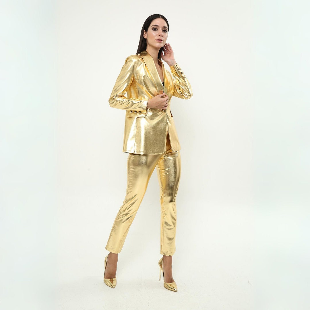 Gold Metallic Suit Set, Women’s Designer Tuxedo for Wedding, Stage ...