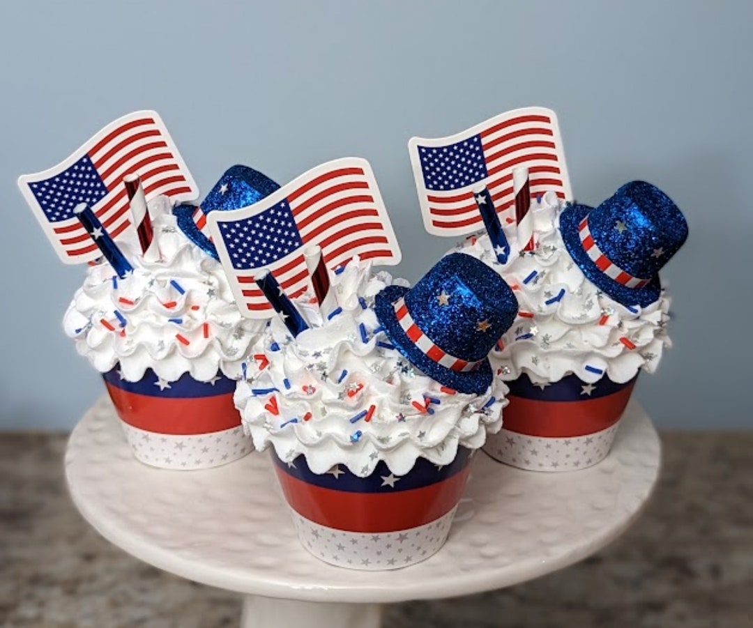 4th of July Patriotic Fake Faux Cup Cake Whip Cream Tiered Tray Decor ...
