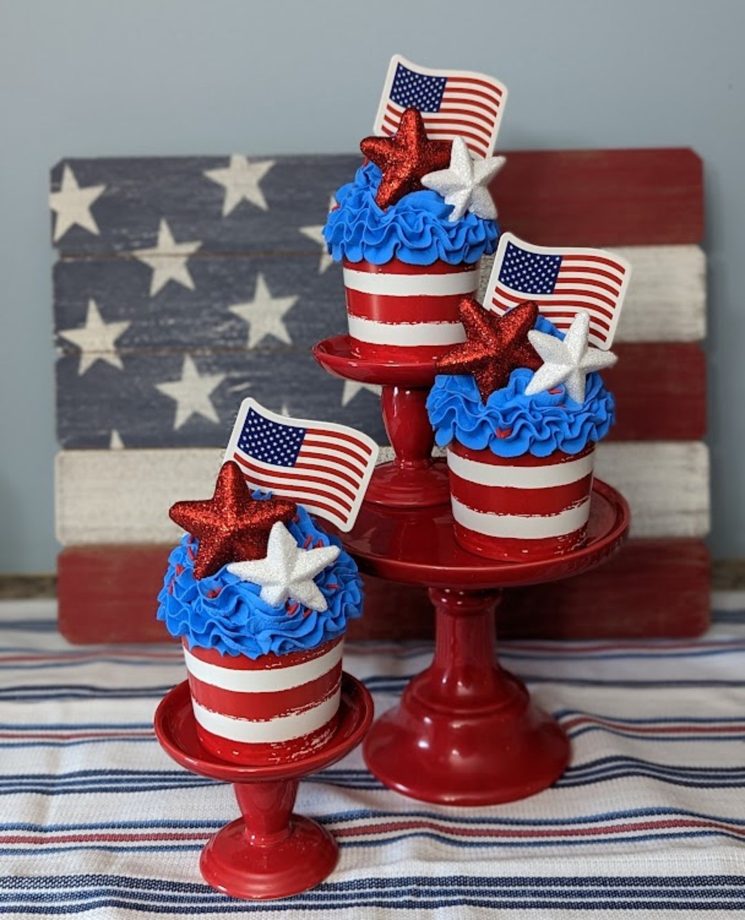 4th of July Patriotic Fake Faux Cup Cake Whip Cream Tiered Tray Decor ...