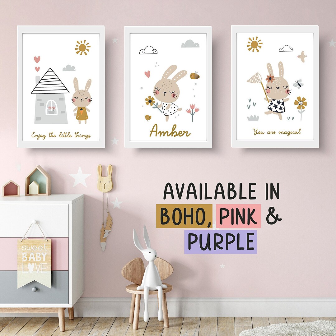 Bunny Prints, Set of 3 Bunny Bedroom Wall Art, Cute Nursery Bunny ...