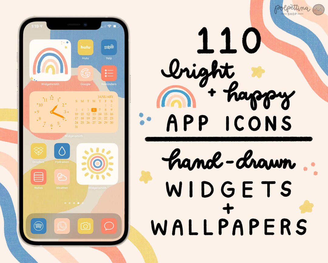 110 Bright + Happy App Icons (in 4 Colors) | BONUS Hand-drawn Widgets ...