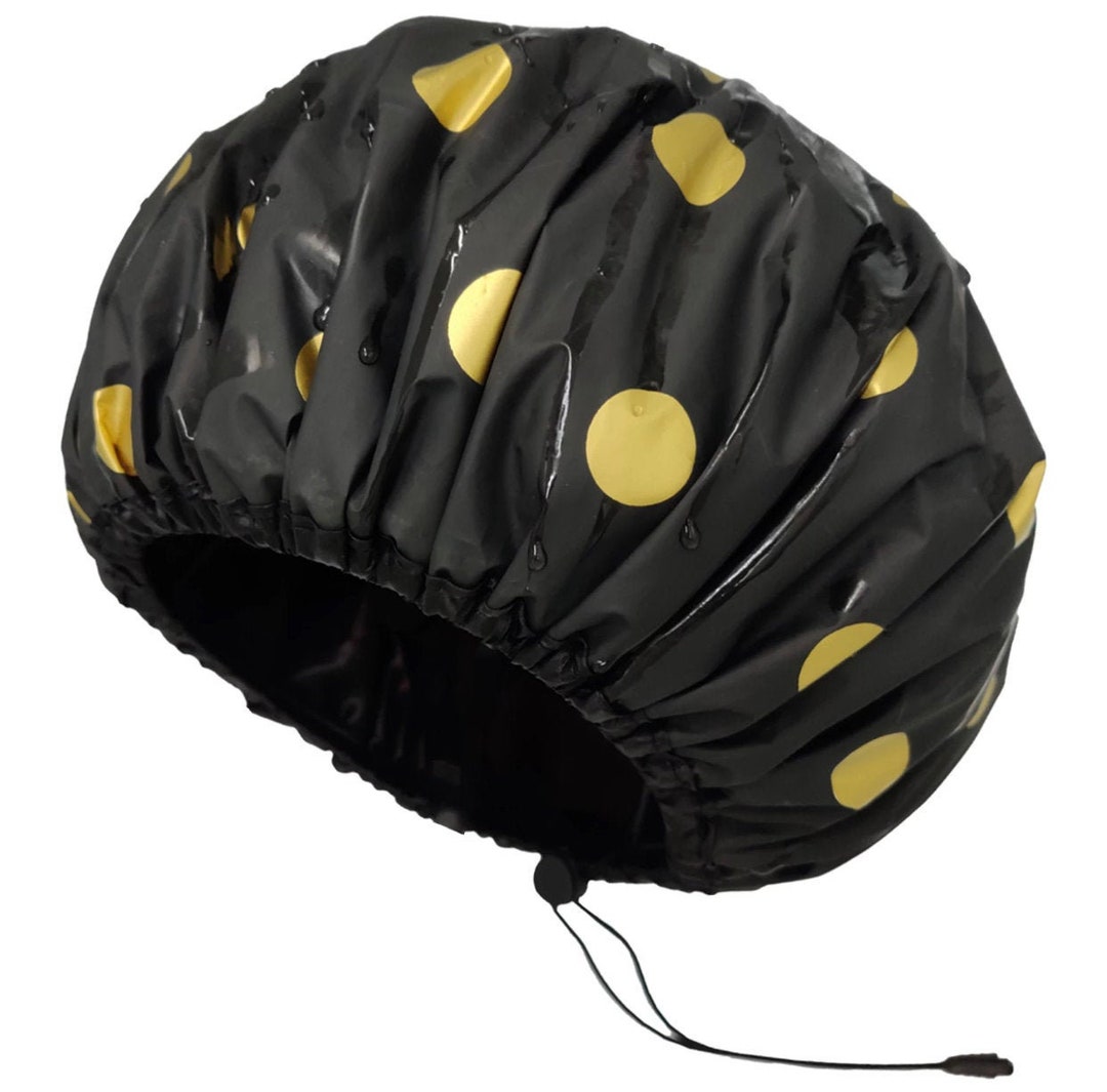 Satin Lined Adjustable Drawstring/ Large Black and Gold Shower Cap ...