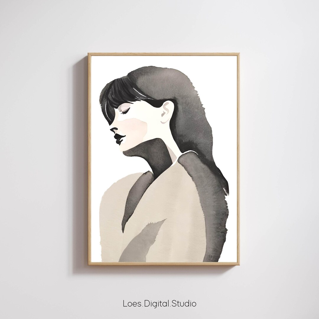 Minimalist Female Portrait Poster in Black and White Watercolor Style ...