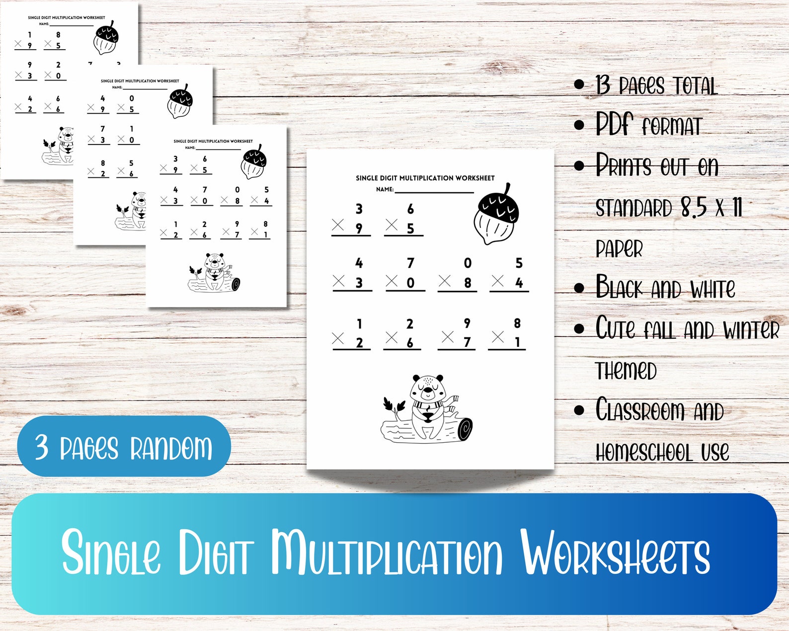 Printable Fall and Winter Themed Single Digit Multiplication Worksheets ...