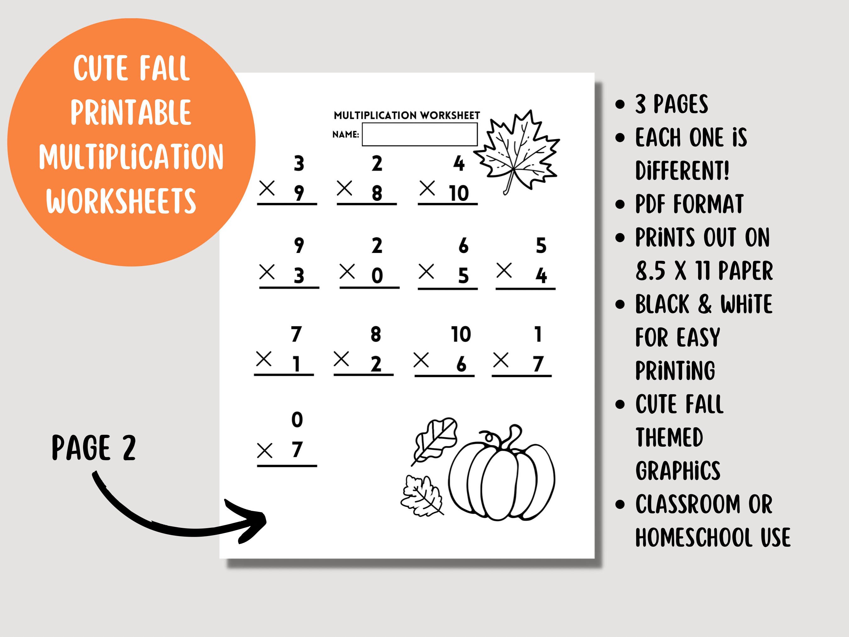 Printable Fall Themed Multiplication Worksheets, Pumpkin Theme, Second ...