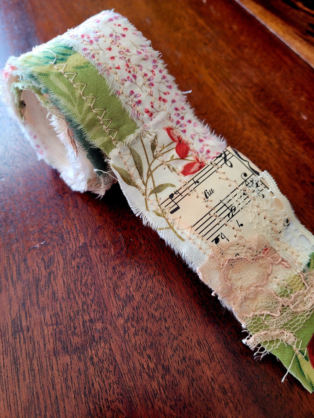 Pink and Green Fabric Snippet Roll Fabric and Ribbon Collage With Beads ...