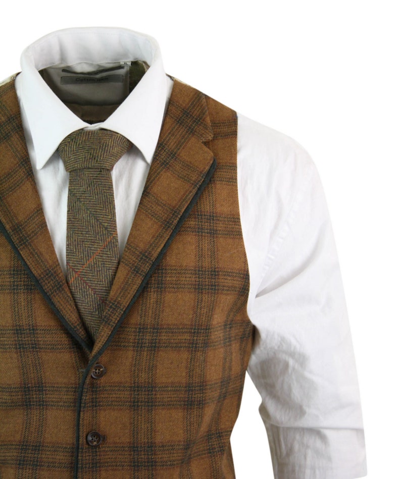 Mens Waistcoat Wool Tan Brown Check Tweed Classic Vintage Etsy