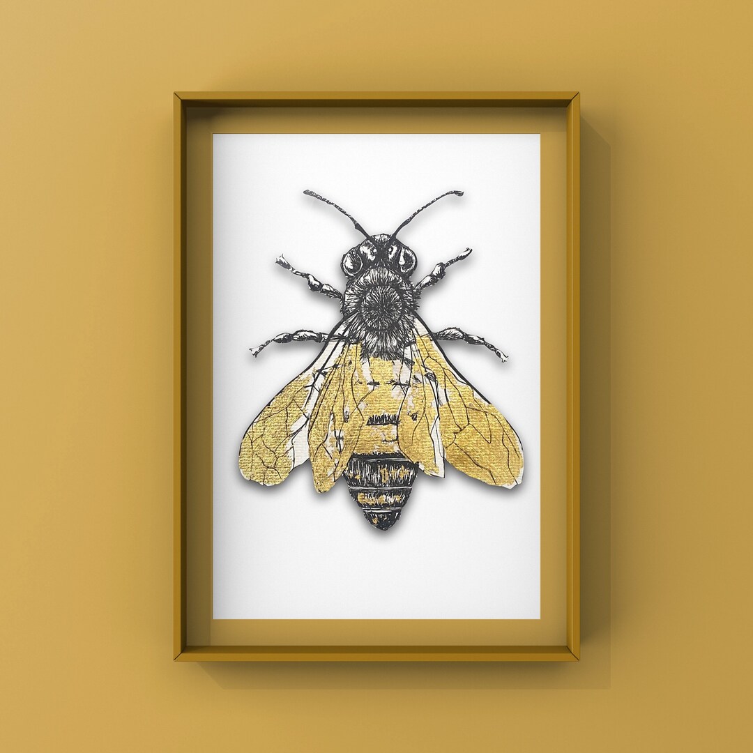 Gold Leaf Bee Print: A4 Ink Drawing, Spring Wall Art - Etsy