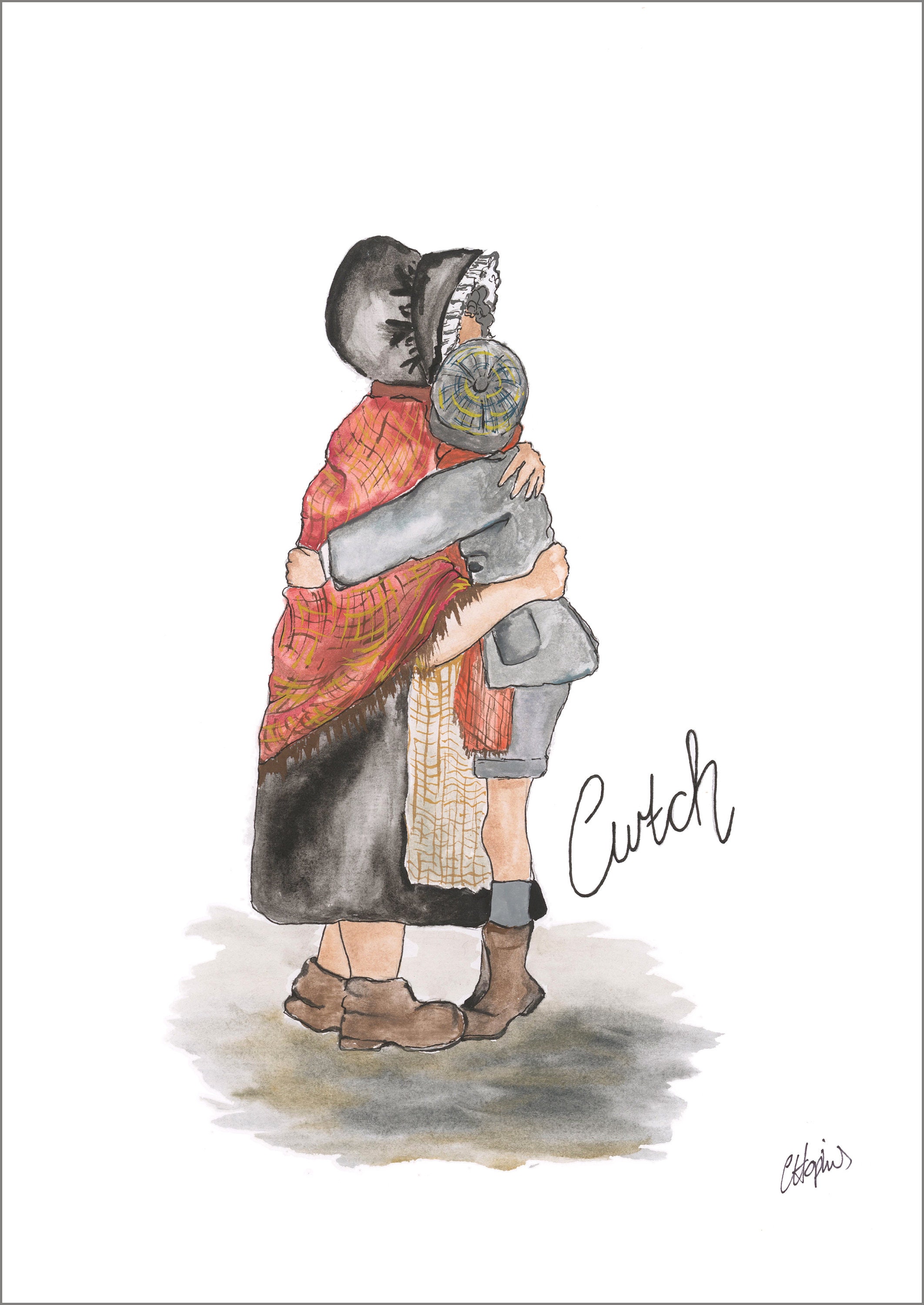 Cwtch Fine Art Illustration A5 Greetings Card, Welsh Lady and Child ...