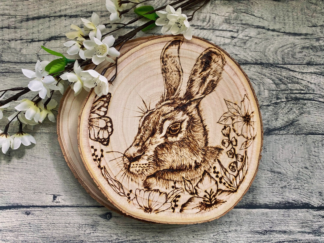 Rustic Wall Art| Pyrography Rabbit Art| Live Edge Wood Slice| Wood Burn ...