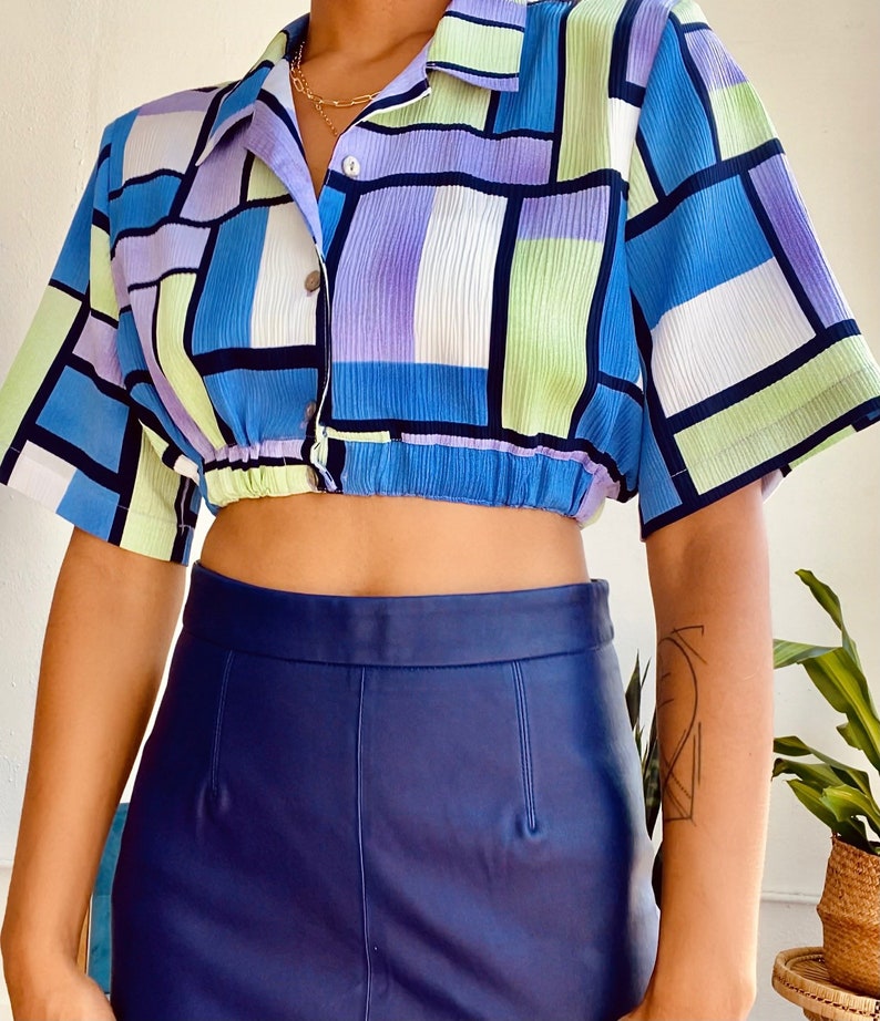 Redesigned Vintage Color Blocking Tops Blue/purple Multicolor Crop Top ...
