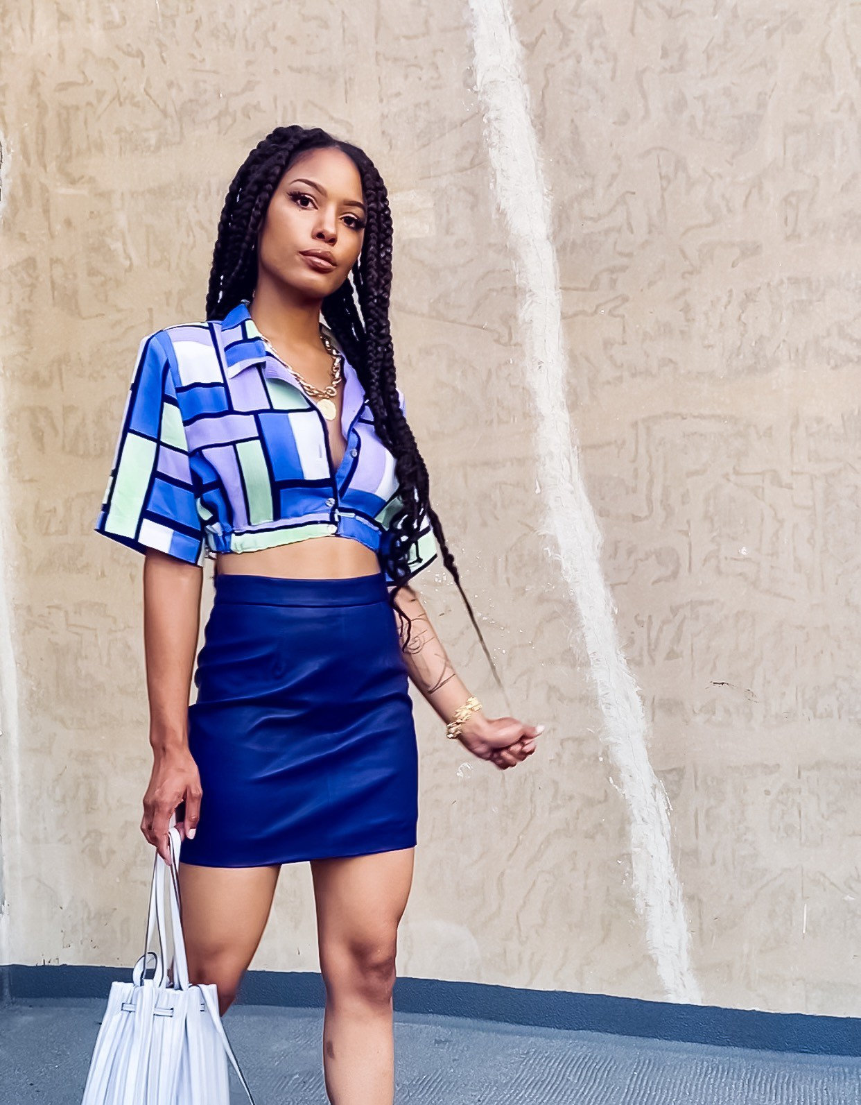 Redesigned Vintage Color Blocking Tops Blue/purple Multicolor Crop Top ...