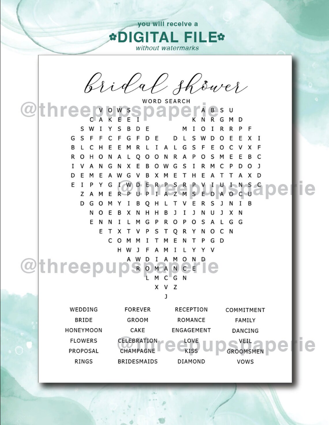Wedding Word Search, Bridal Shower Word Puzzle Search, Bridal Shower ...