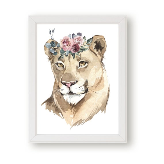 Lioness with Flower Crown Art Print Lion Wall Art Boho Wall | Etsy