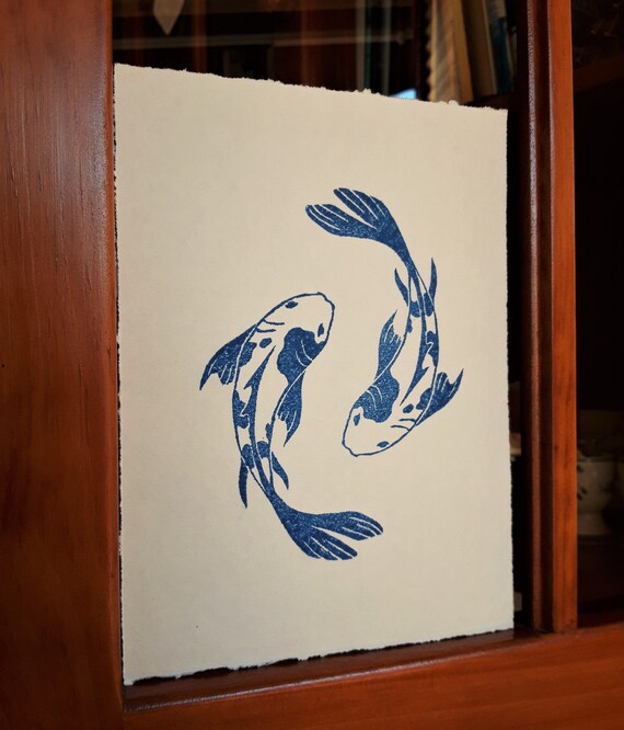 Prints Wood & Linocut Prints Koi Carp Linocut and Watercolour Print Art ...