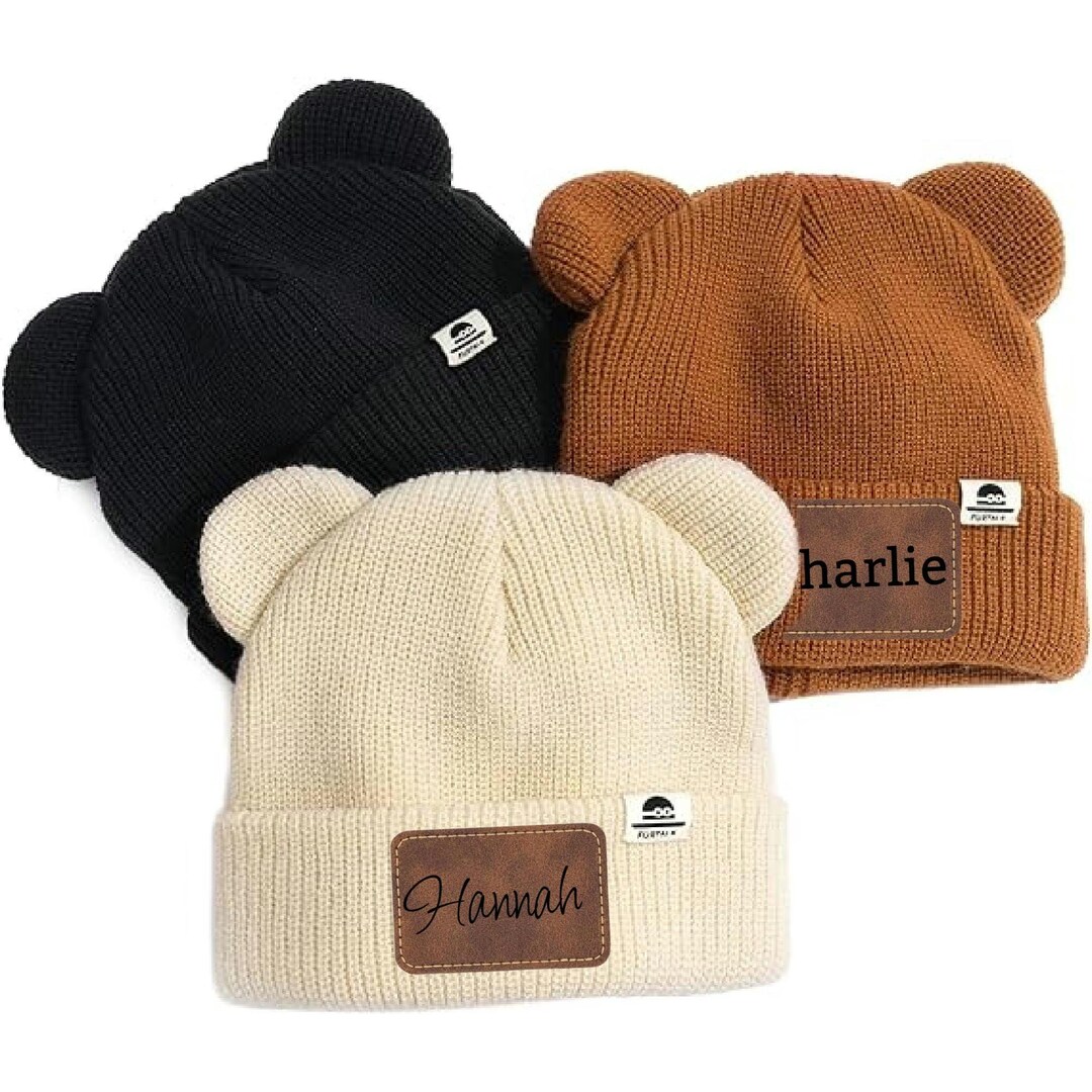 Personalized Baby Beanie With Ears – Custom Engraved Leather Patch ...