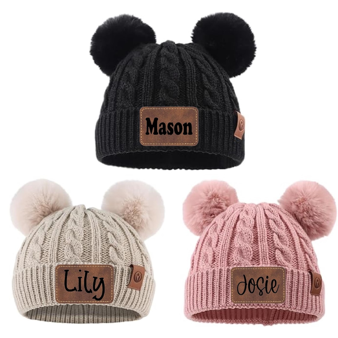 Personalized Baby Beanie With Double Poms – Custom Engraved Leather ...