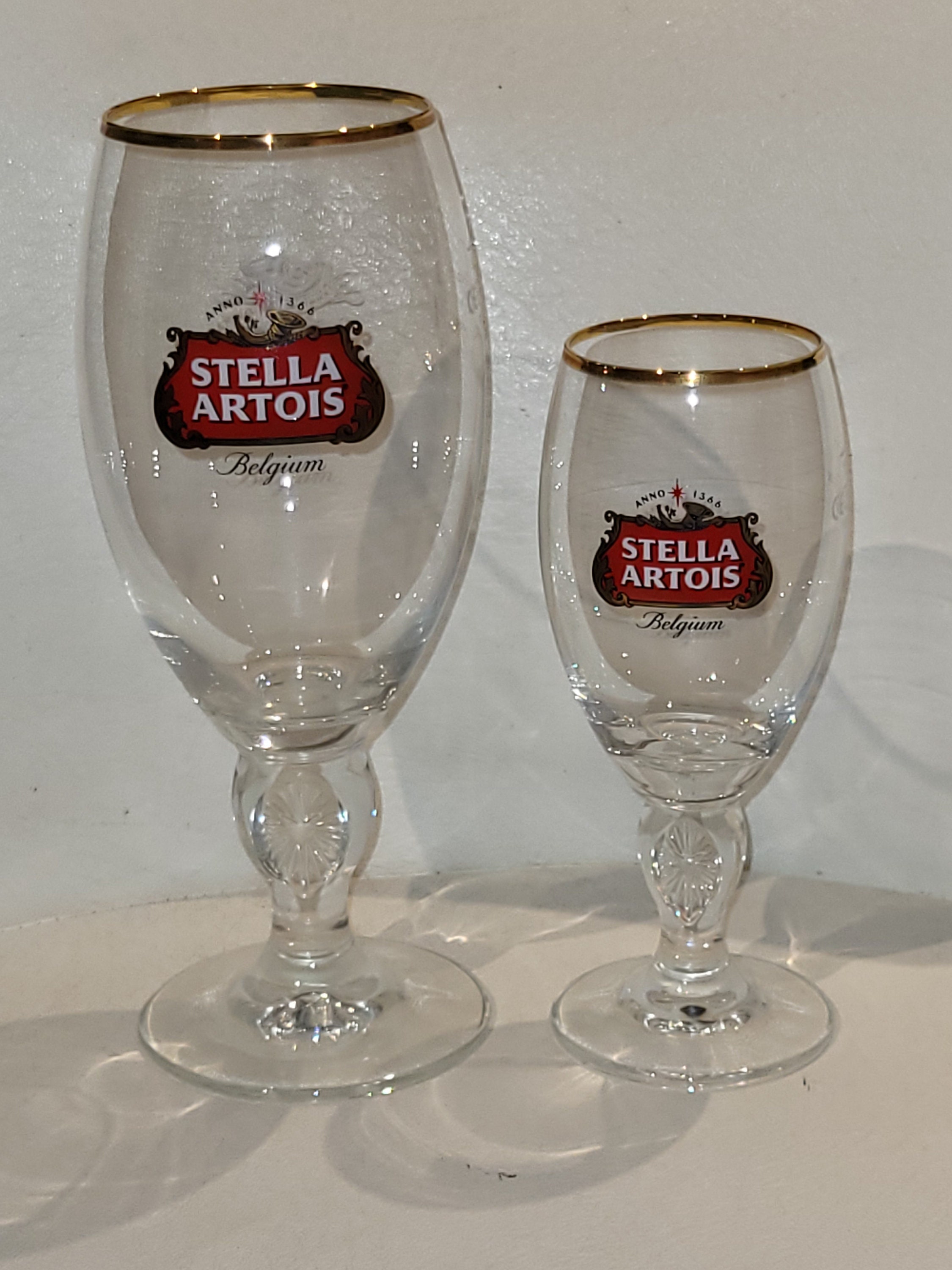 Pair of Stella Artois Belgium Beer Chalice Glass 40cl & 15cl Gold Rim ...