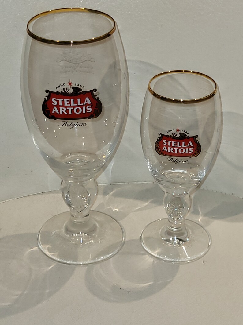 Pair of Stella Artois Belgium Beer Chalice Glass 40cl & 15cl Gold Rim ...