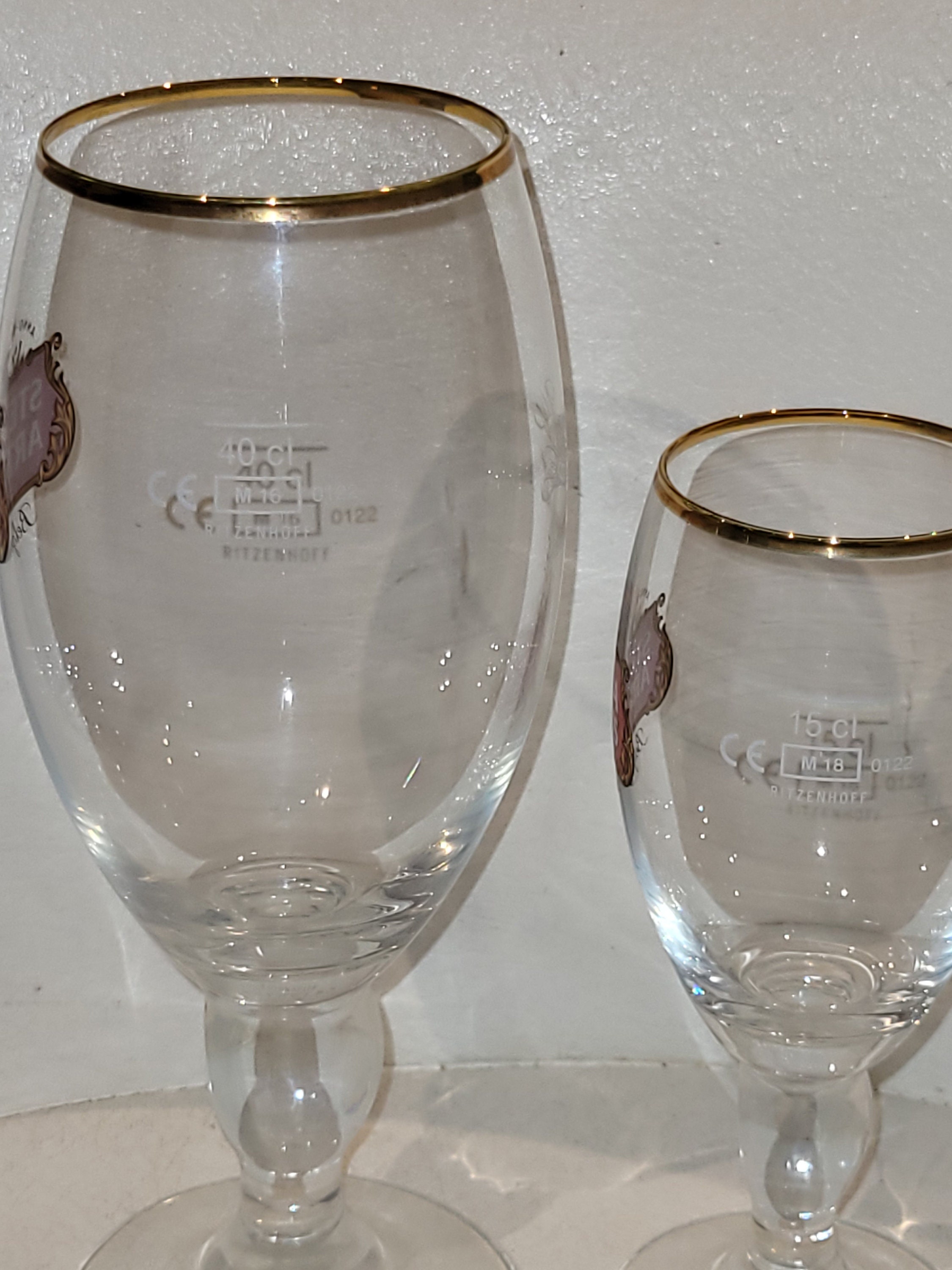 Pair of Stella Artois Belgium Beer Chalice Glass 40cl & 15cl Gold Rim ...