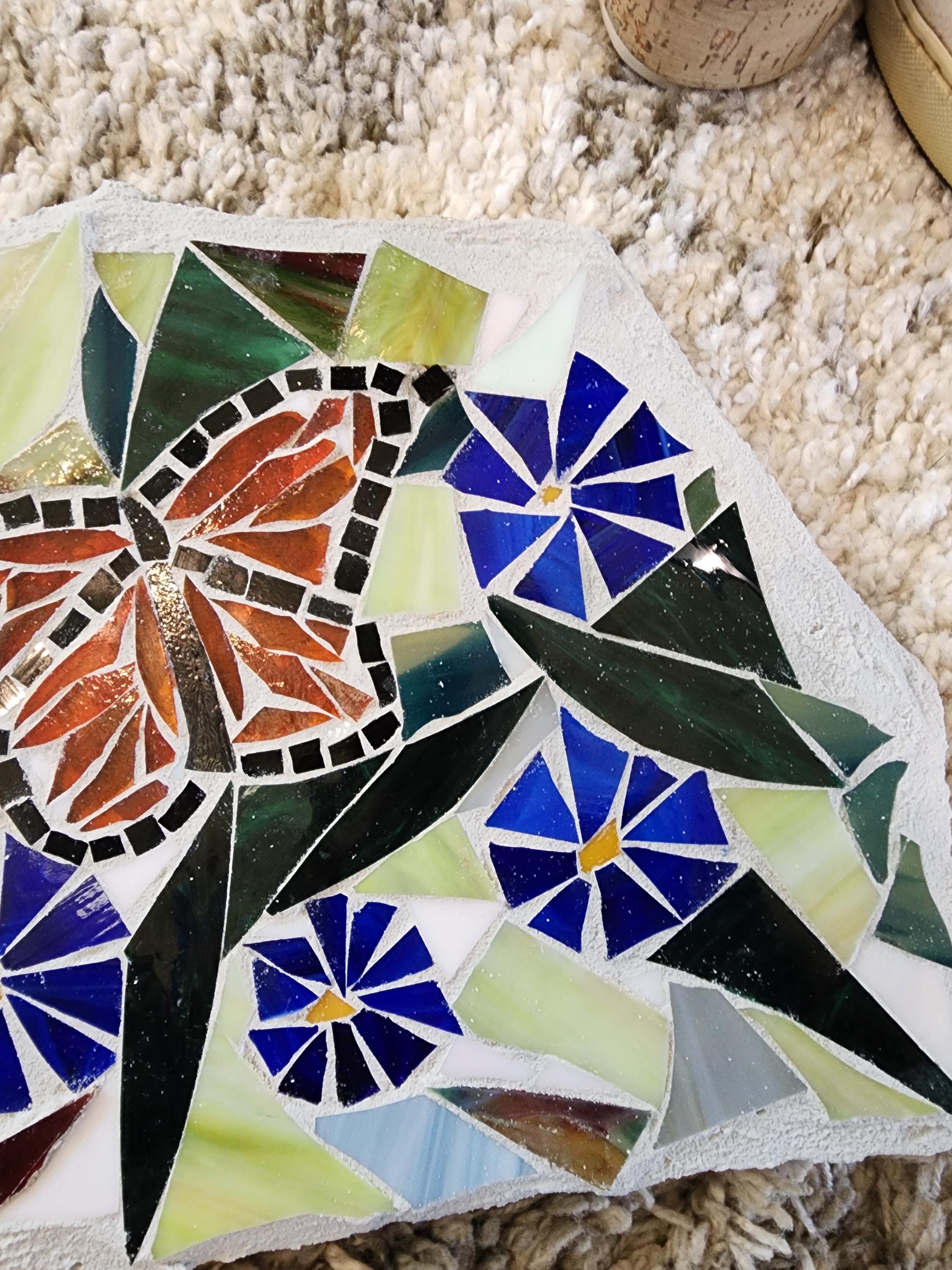 Monarch Butterfly With Blue Forget Me Nots Stained Glass Mosaic ...