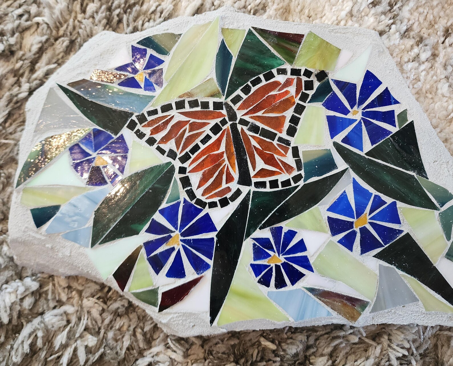 Monarch Butterfly With Blue Forget Me Nots Stained Glass Mosaic ...