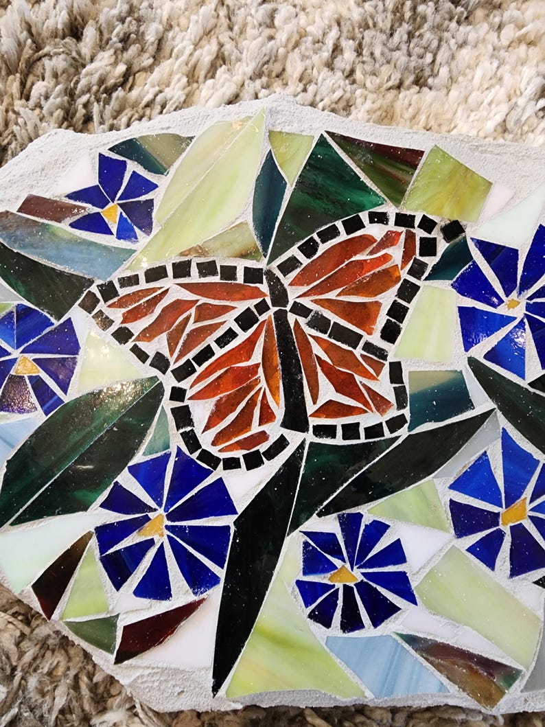 Monarch Butterfly With Blue Forget Me Nots Stained Glass Mosaic ...