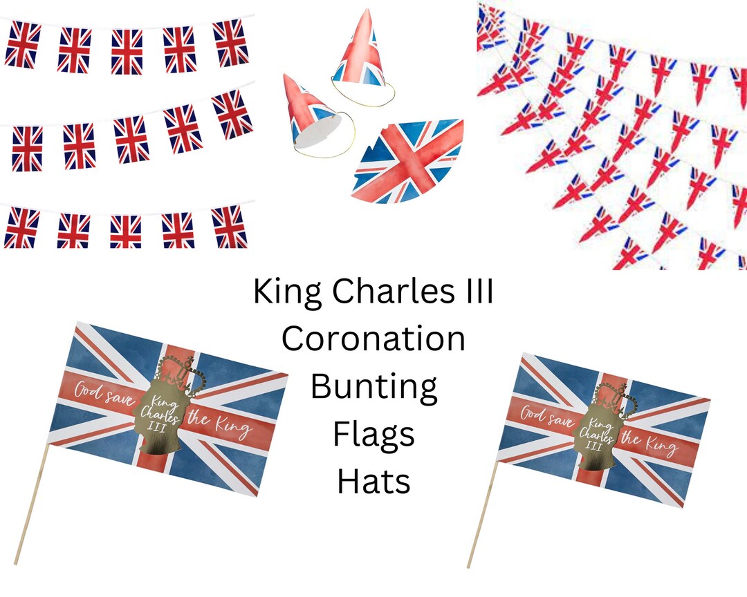 King Charles III Coronation, Union Jack Bunting, Cone Party Hats ...