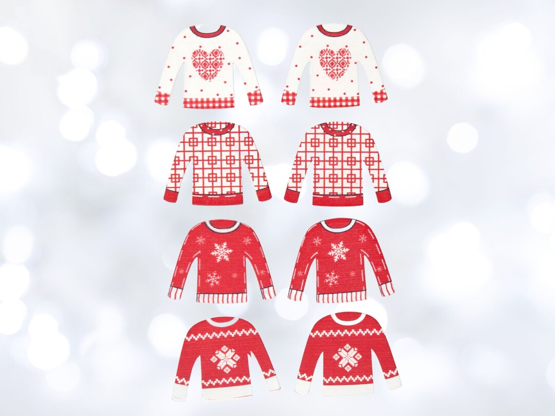 Christmas Jumpers, Red and White Wooden Craft Embellishments, 8 Festive ...